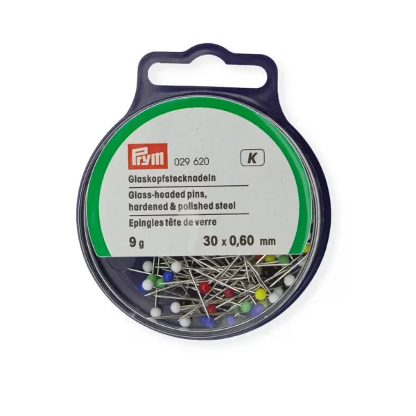 Glass-headed pins, 0.60 x 30mm, multi-colour, 9g | Hansons Fabrics